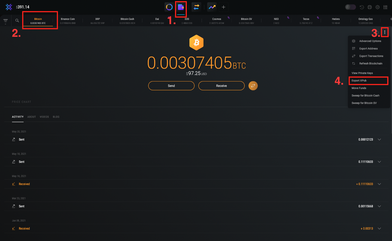 Wo finde ich den erweiterten Public Key meiner Wallet (xpub für Ledger, Exodus und Ko ...
